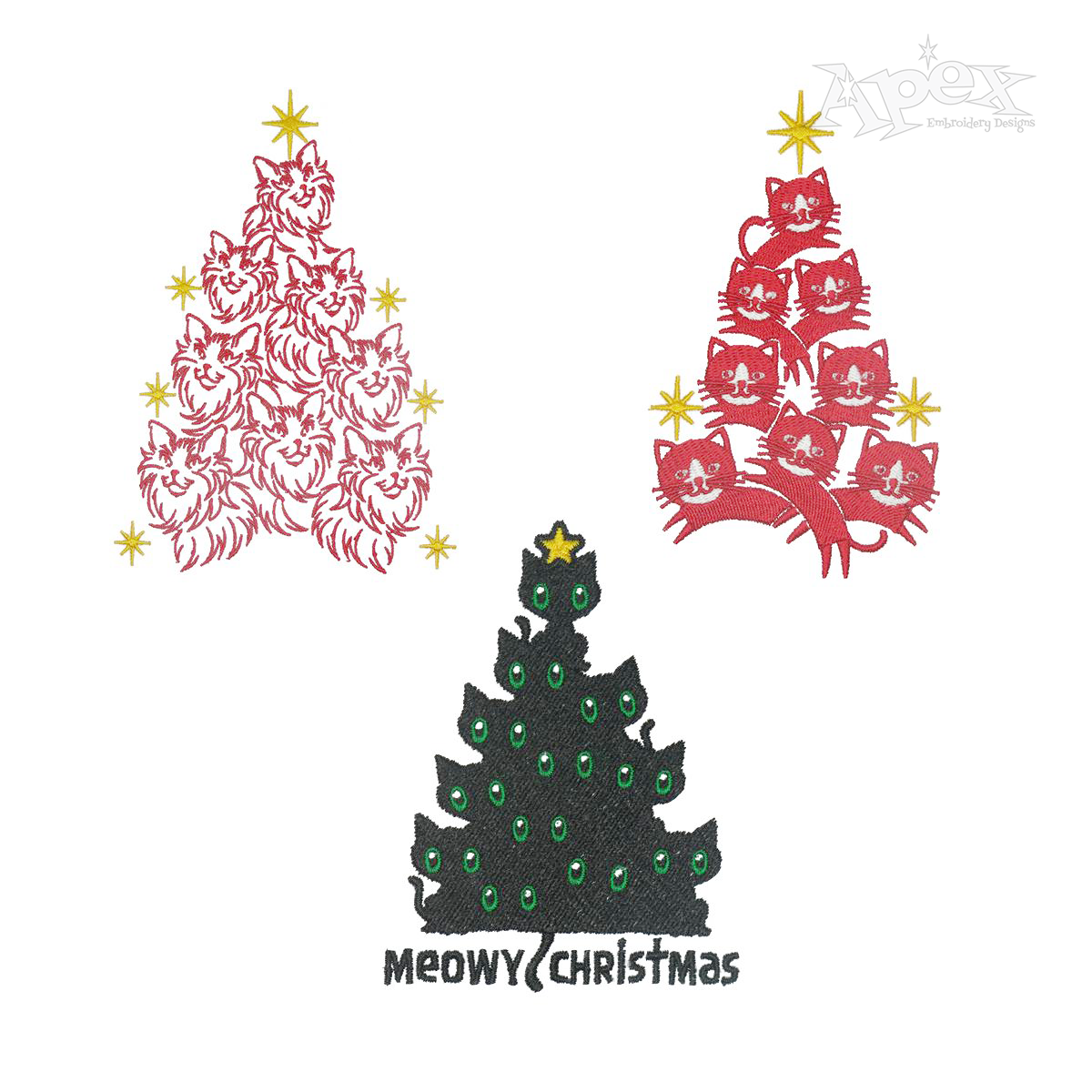 Meow Cat Christmas Tree Pack Machine Embroidery by Apex Designs