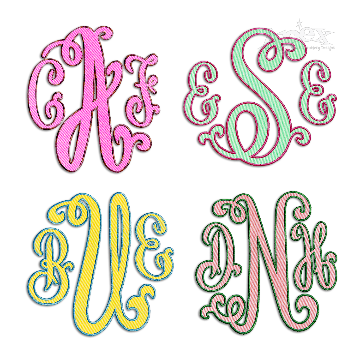 Suzanne Curlz Monogram Applique Embroidery Font by Apex