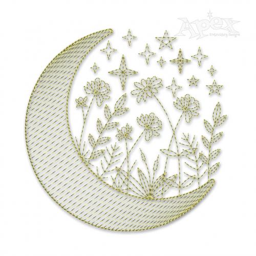 Crescent Moon With Flowers Sketch Embroidery Design | Apex Monogram ...